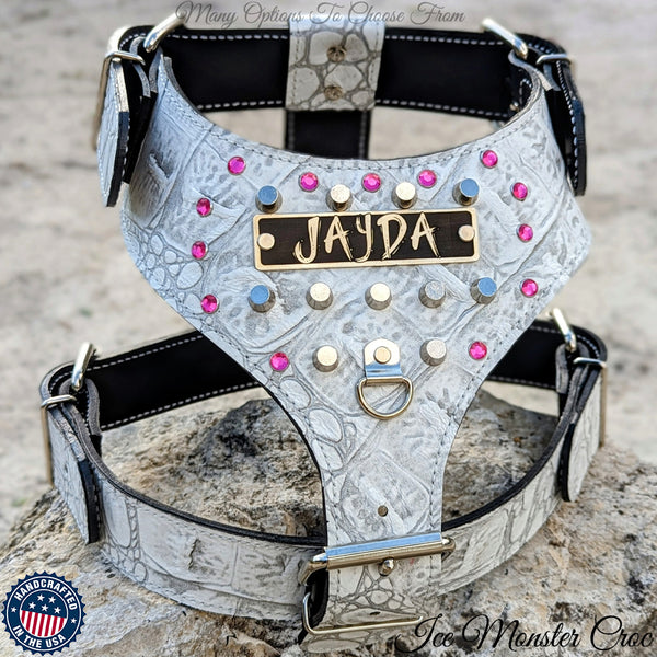 Personalized Dog Harness w/Gems & Bucket Studs - Kingdom Collars
